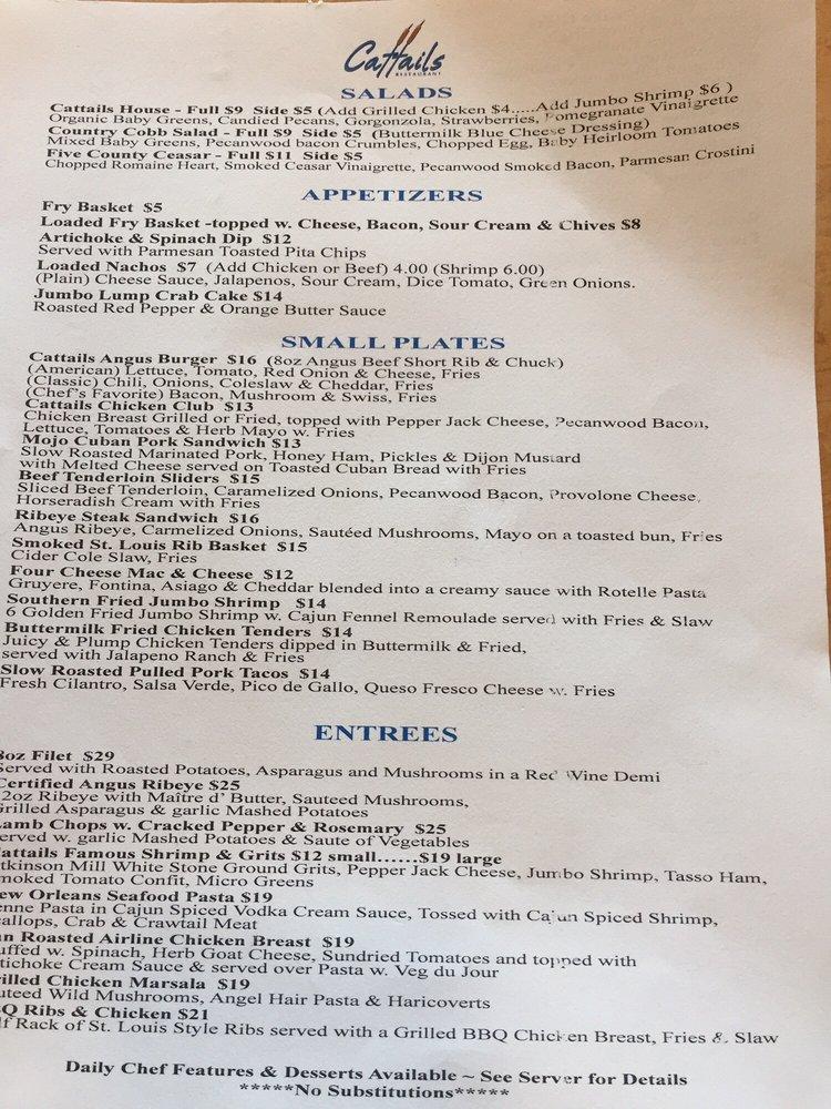 Menu at Cattails restaurant, Zebulon