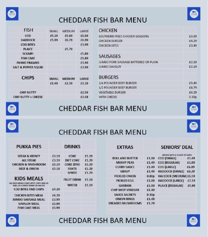 Menu at Cheddar Fish Bar, Cheddar, Cliff St