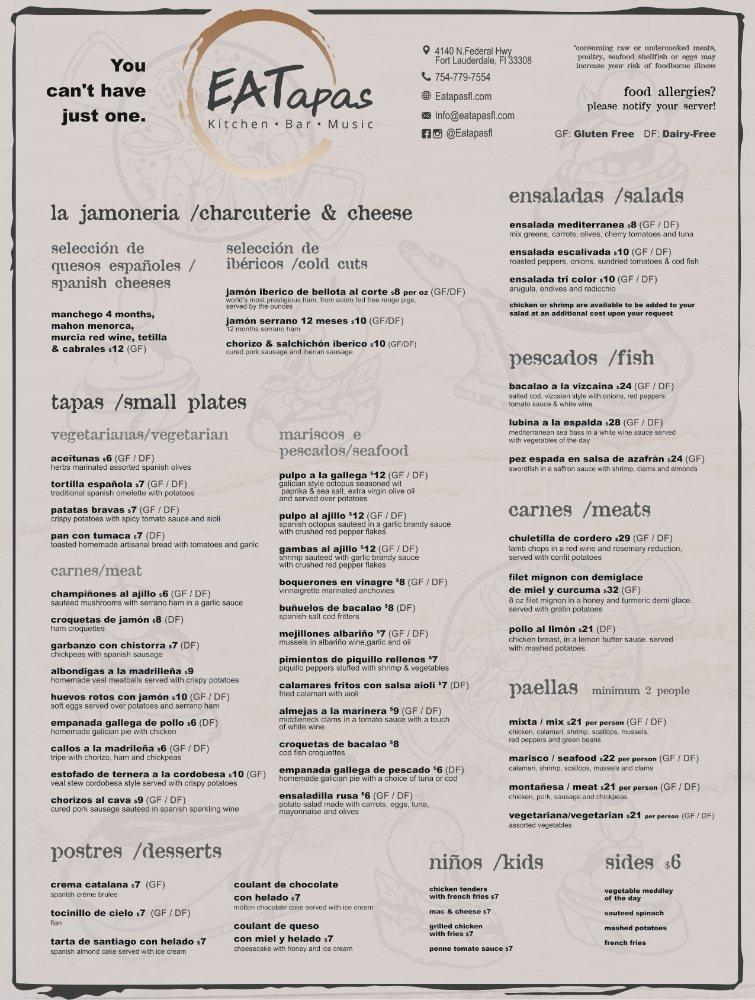 Menu at Eatapas restaurant, Fort Lauderdale