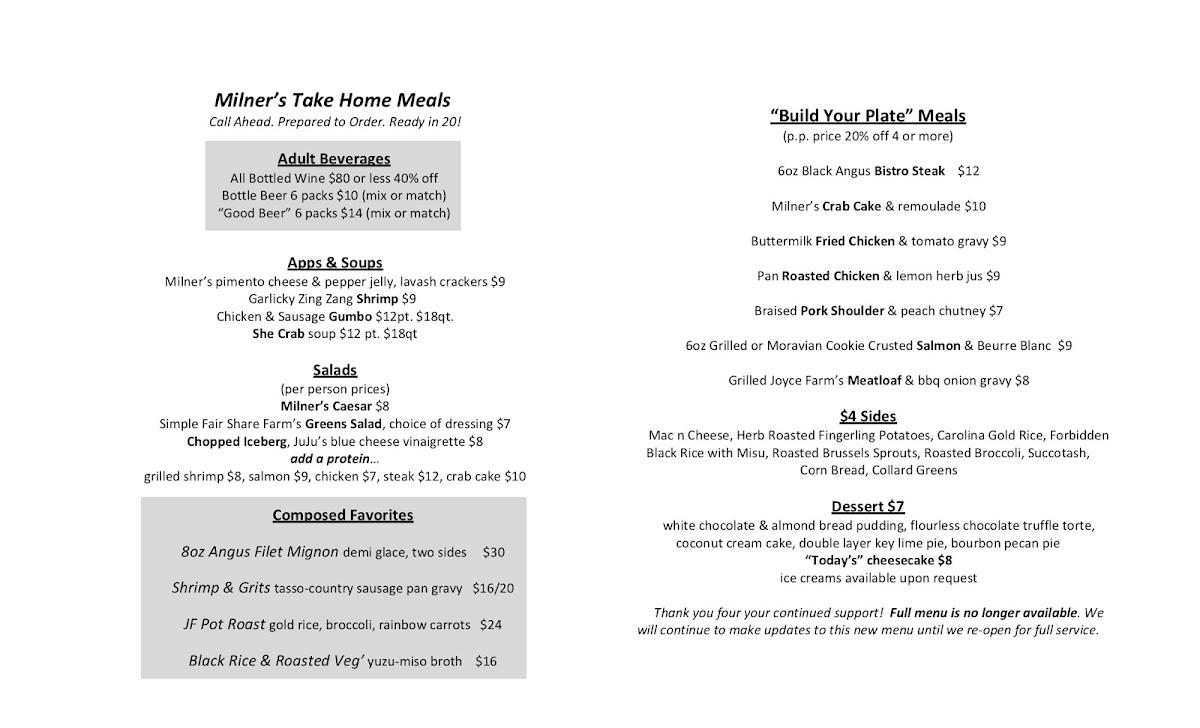 Menu at Milner's American Southern Restaurant And Catering, Winston-Salem