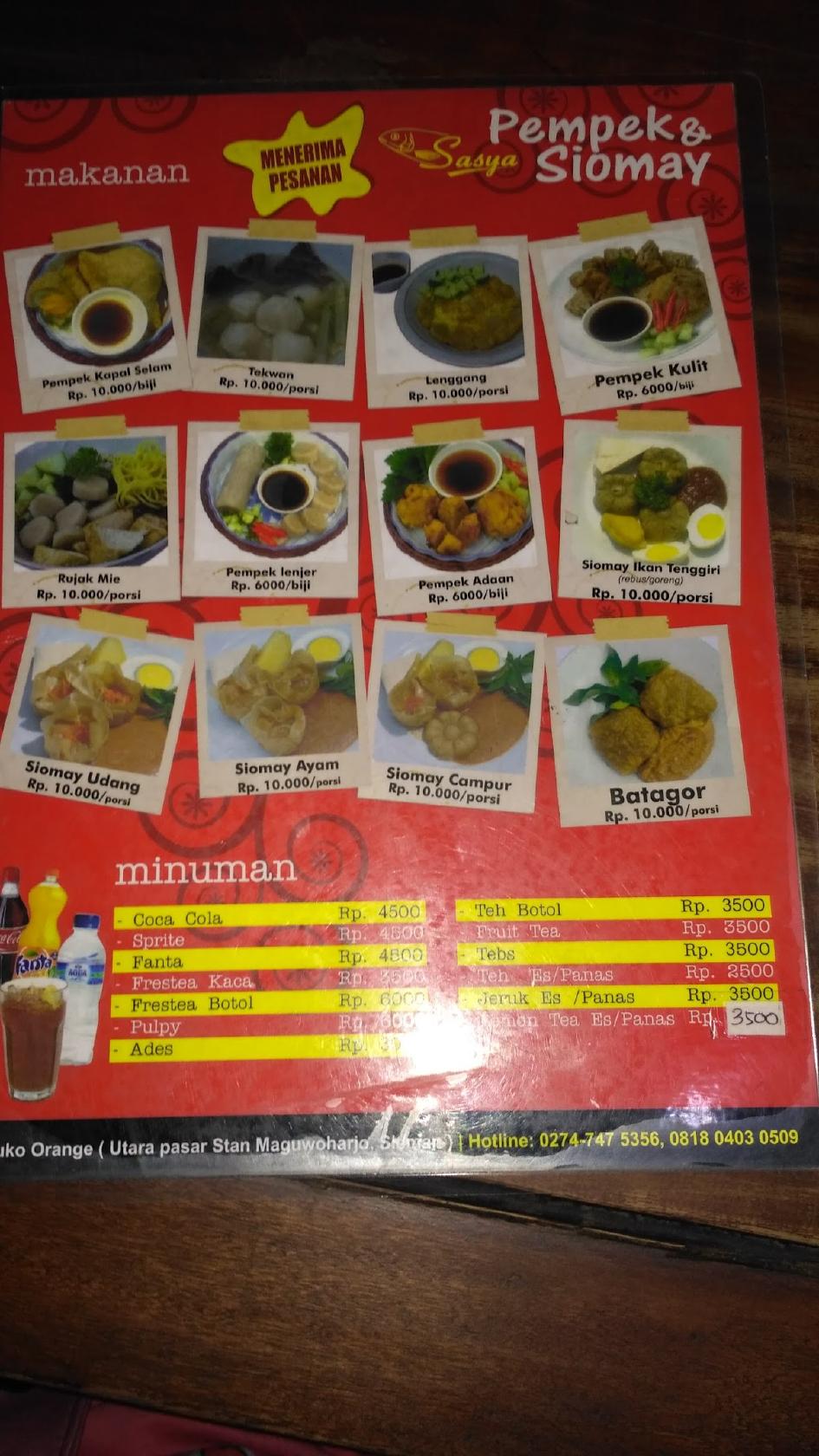 Menu at Pempek & Siomay Sasya restaurant, Maguwoharjo