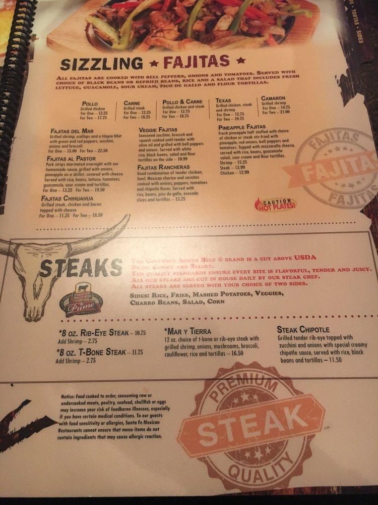 Menu at Santa Fe Mexican Grill restaurant, Greensboro, 423 Pisgah Church Rd