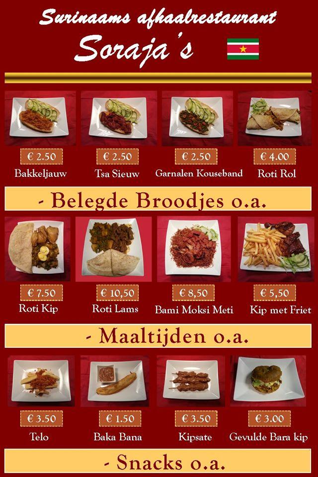 Menu at Surinaams afhaalrestaurant Soraja, Heerenveen