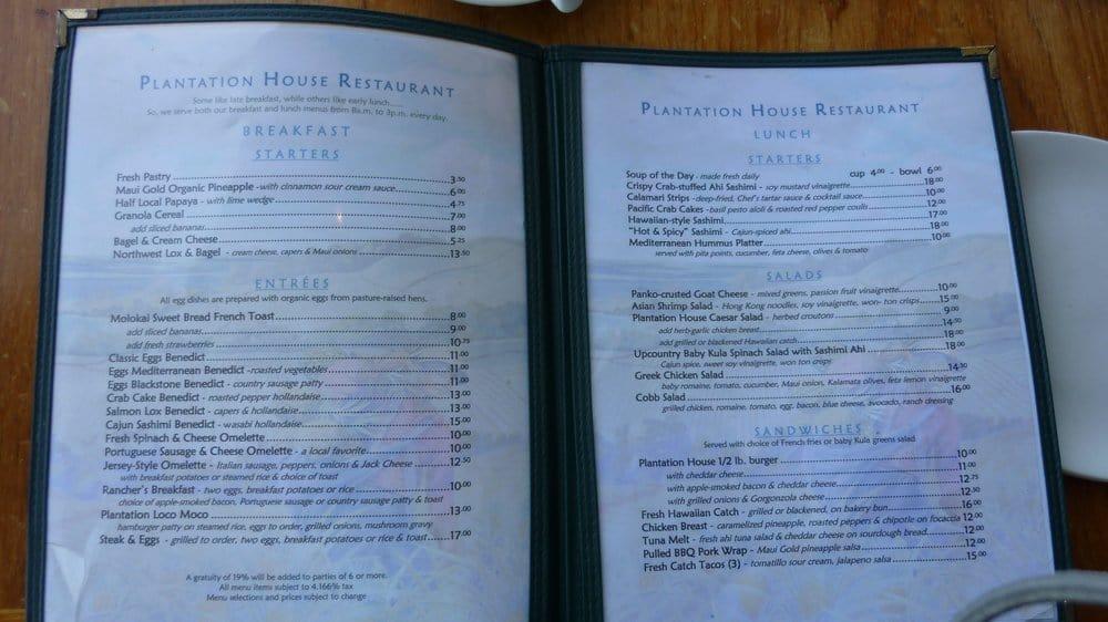 Menu at The Plantation House pub & bar, Kapalua