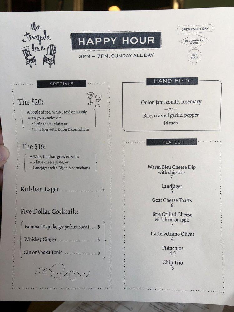 Menu at The Temple Bar, Bellingham