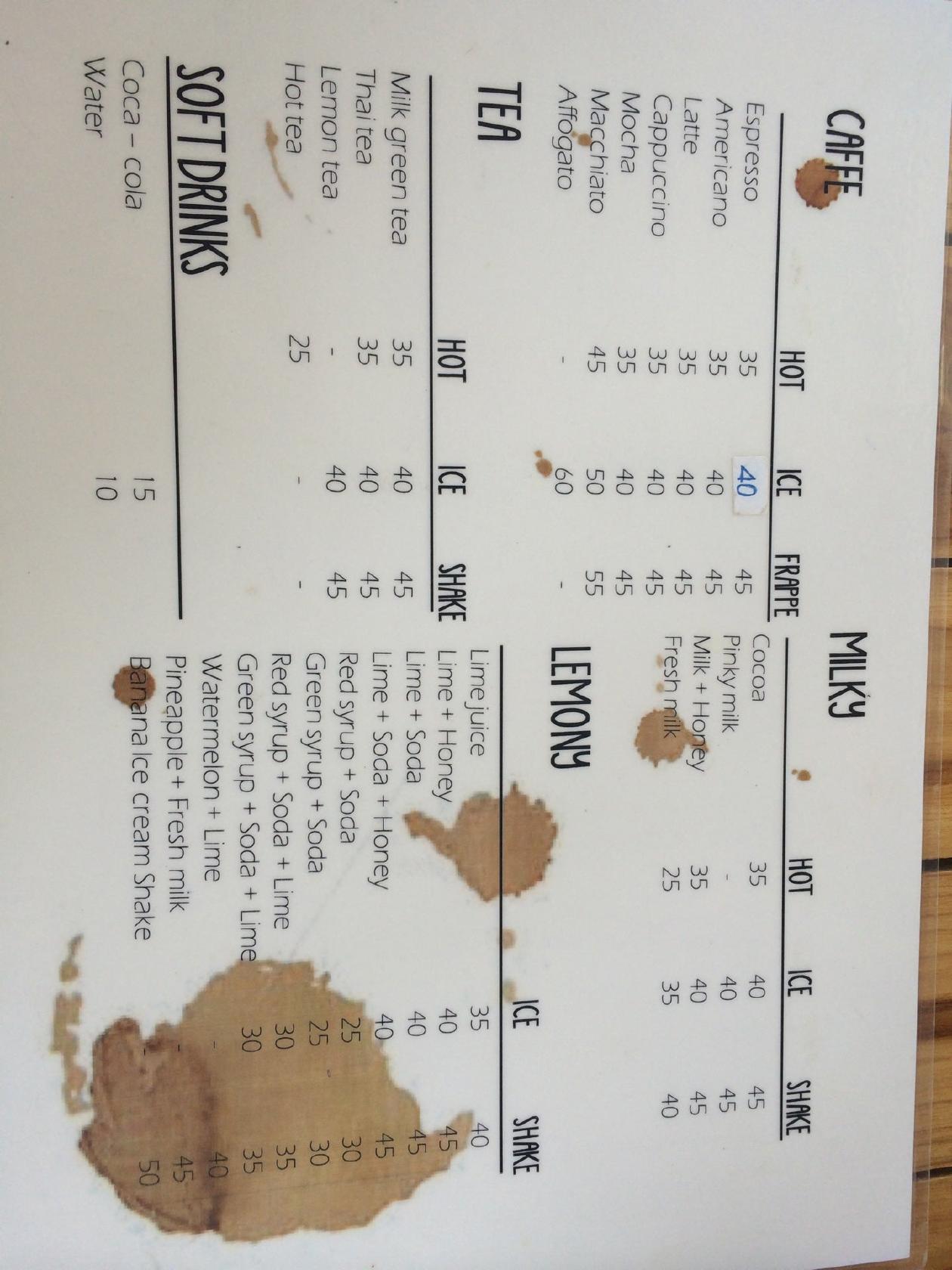 Carta del café Baan Pal Coffee, Sam Roi Yot, Unnamed Rd
