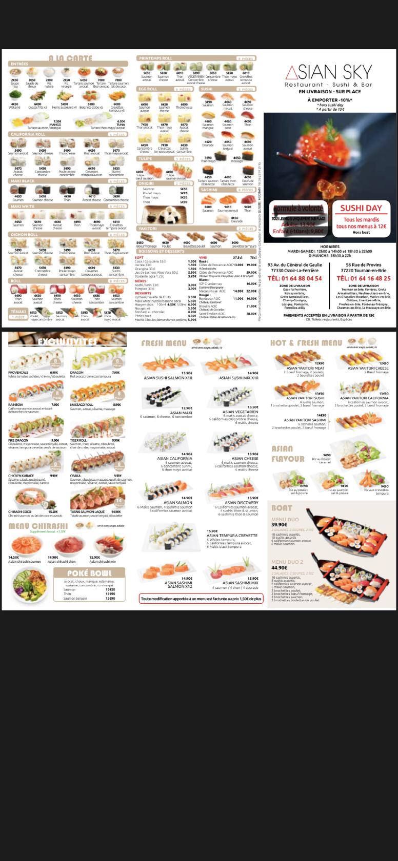Menu at Asian sky restaurant, Coulommiers