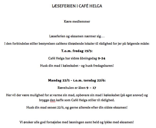 Menu at Café Helga pub & bar, Copenhagen