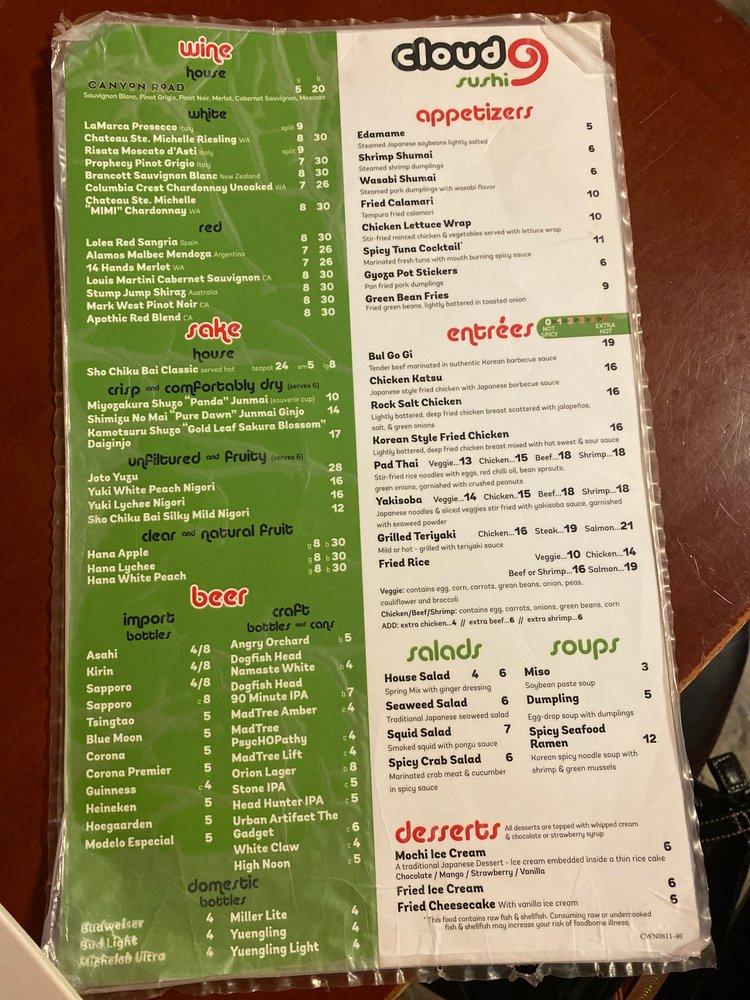 Menu at Cloud 9 Sushi restaurant, Cincinnati