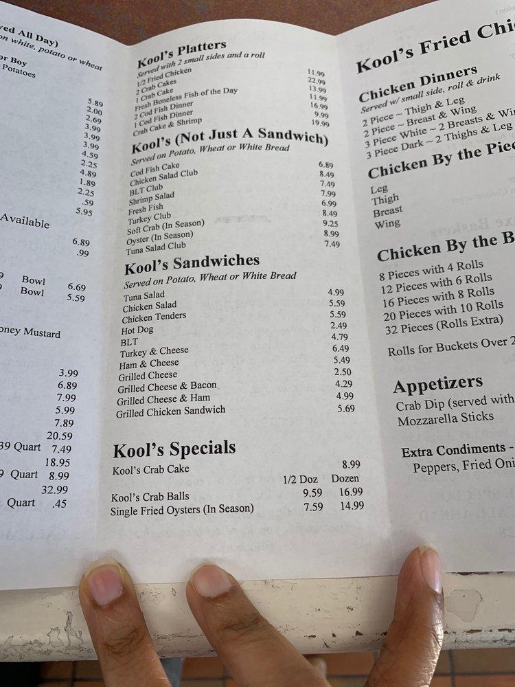 Menu at Kool's Carry-Out restaurant, Cambridge, 112 Washington St