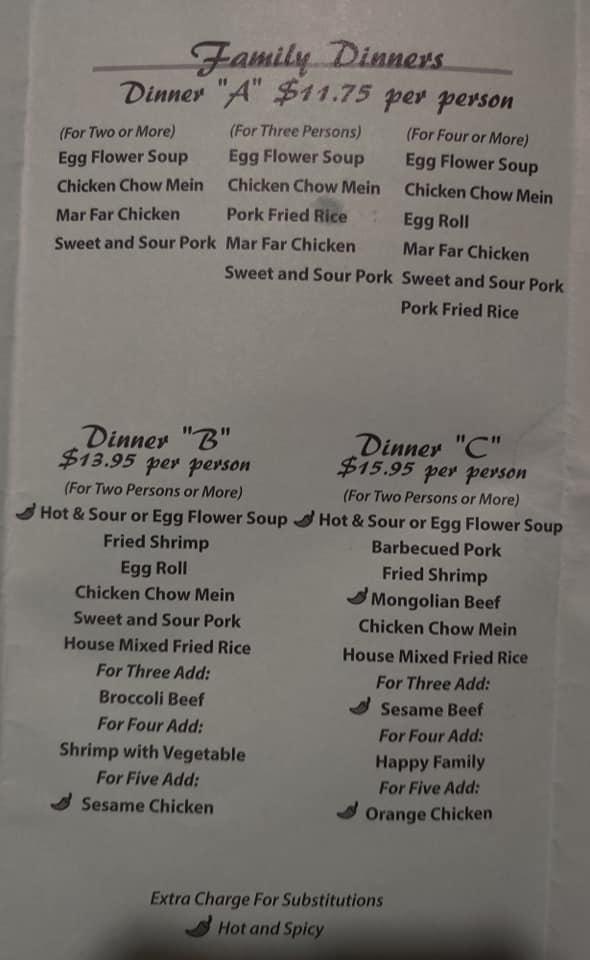 Menu at Lai Lai Chinese Restaurant, Mount Shasta