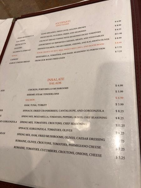 Menu at Villa Schiano restaurant, Elizabethville