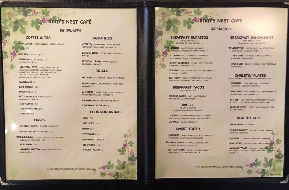 Menu at Bird's Nest Cafe, Los Angeles, S Olive St