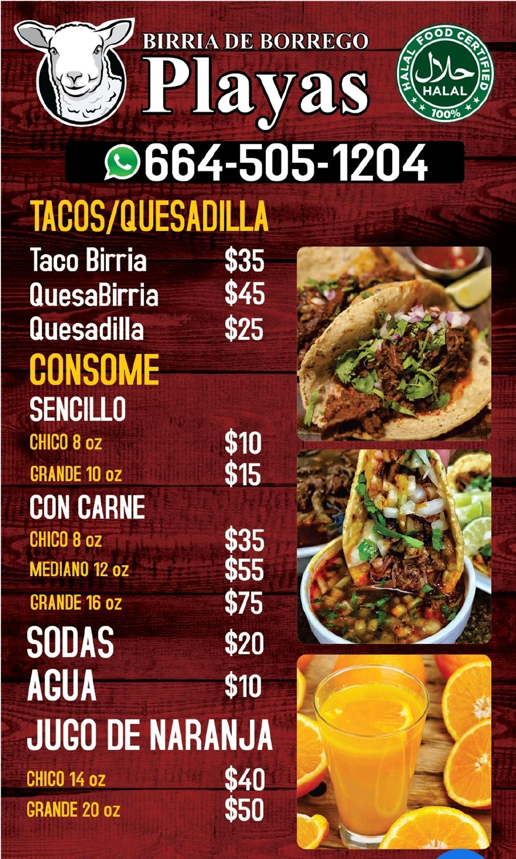 Menu at Birria De Borrego Playas restaurant, Tijuana
