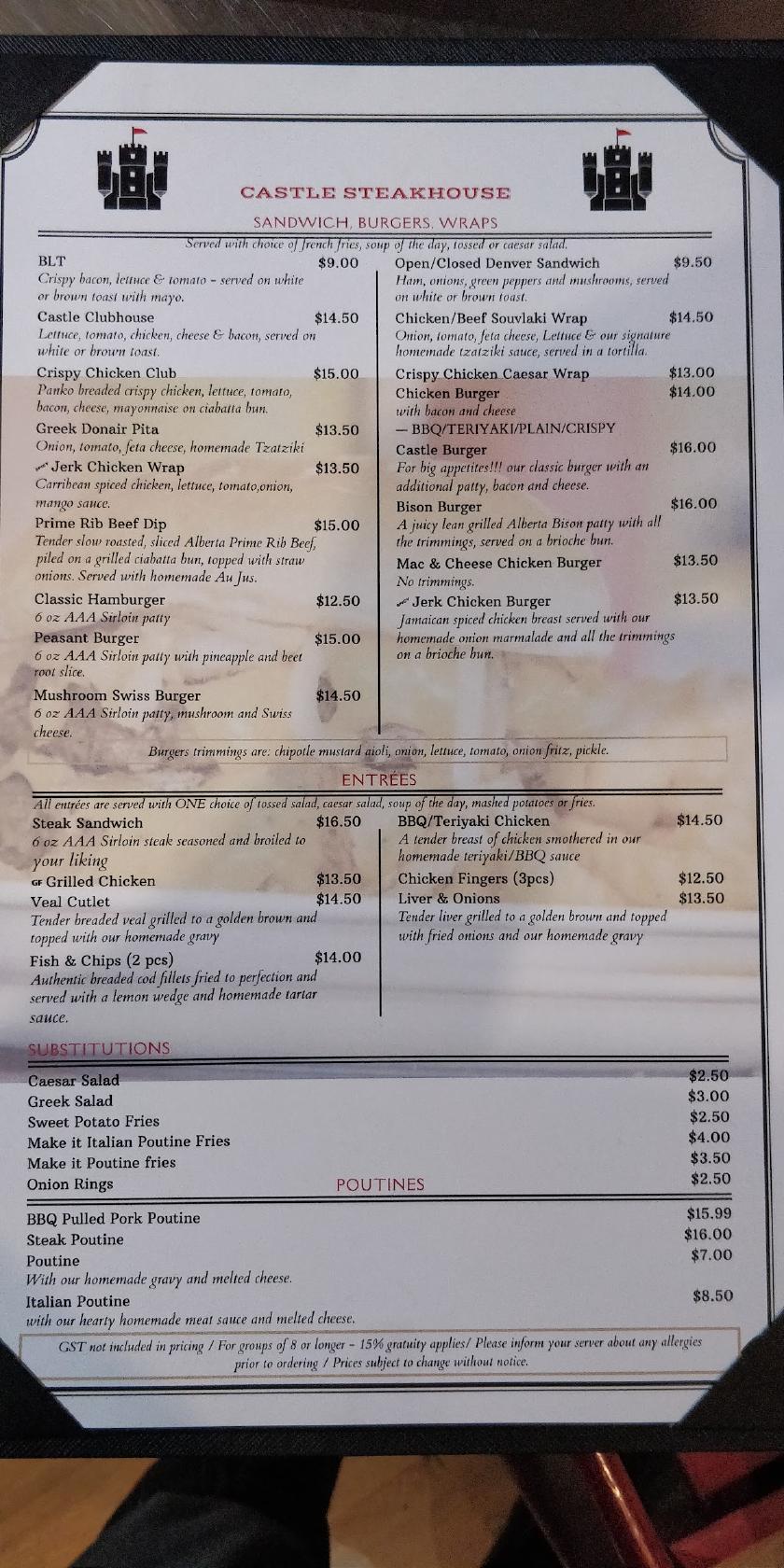 Menu at Castle Steakhouse, Wetaskiwin, 56 St