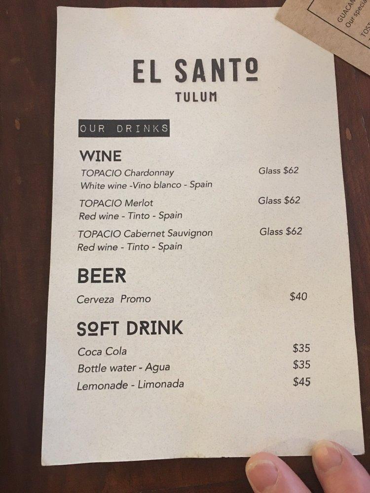Carta del restaurante El Santo Tulum, Tulum