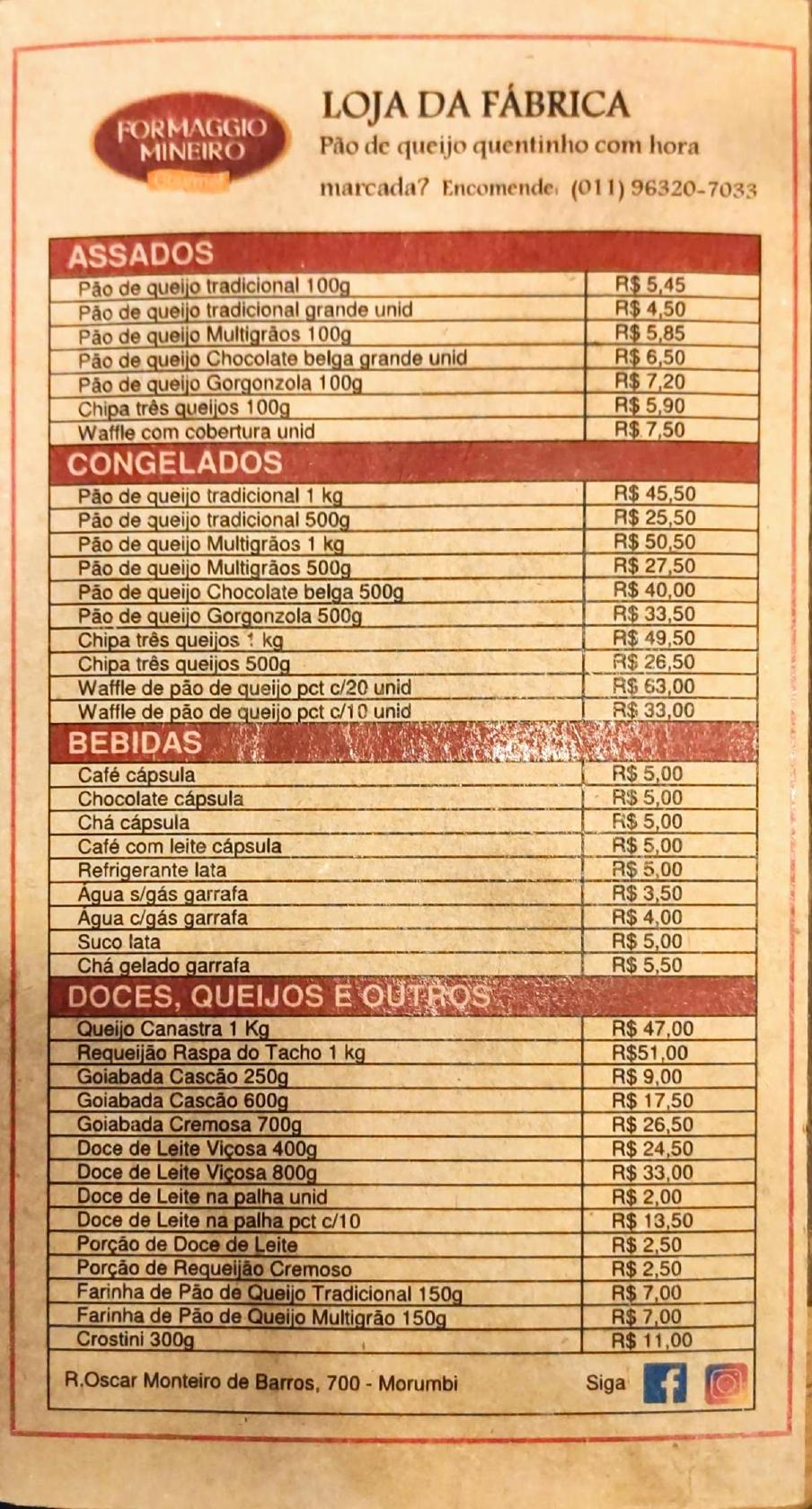 Menu at Formaggio Mineiro cafe, São Paulo, R. Dr. Oscar Monteiro de Barros