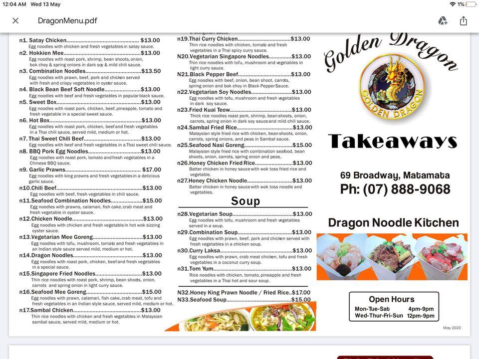 Menu at Goldendragon Matamata restaurant, Matamata