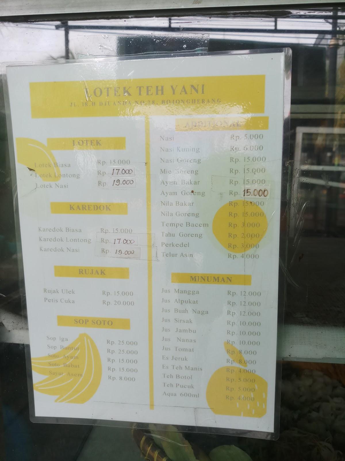 Menu at Lotek Teh Yani restaurant, Cianjur