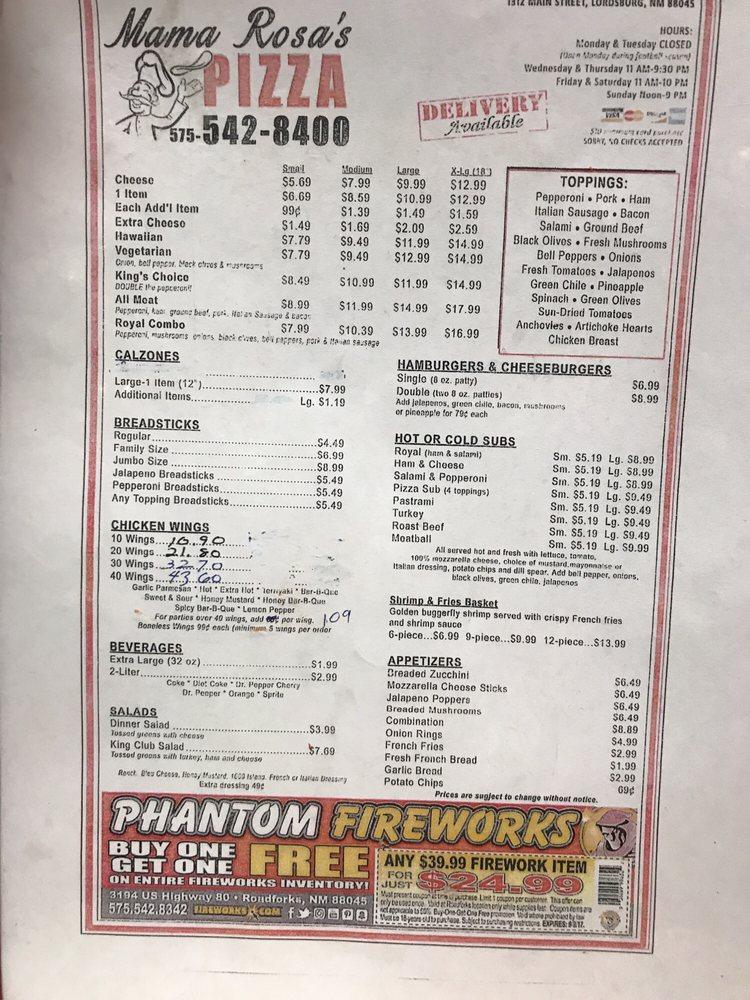 Menu at Mama Rosa's Pizza pizzeria, Lordsburg