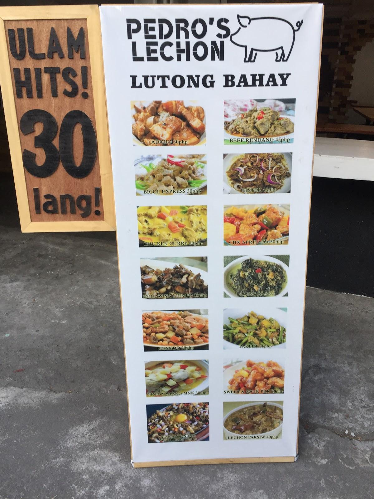 Menu at Pedro's Lechon restaurant, Los Baños