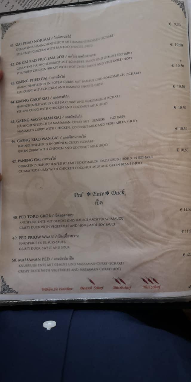 Menu at Thai Ja-Röen restaurant, Kerpen