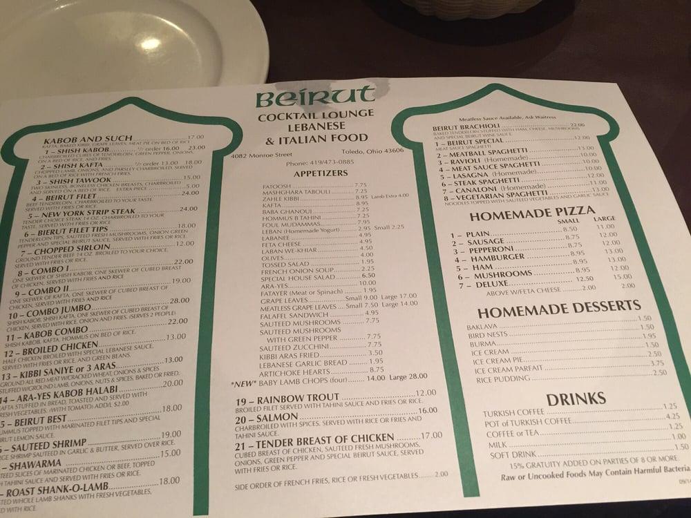 Menu at The Beirut pizzeria, Toledo