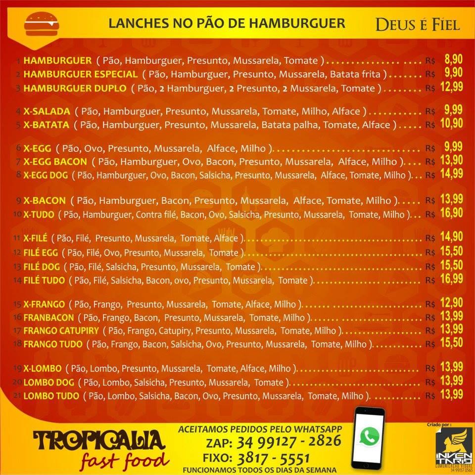 Menu at Tropicalia restaurant, Coromandel, Avenida Gov Israel Pinheiro 350