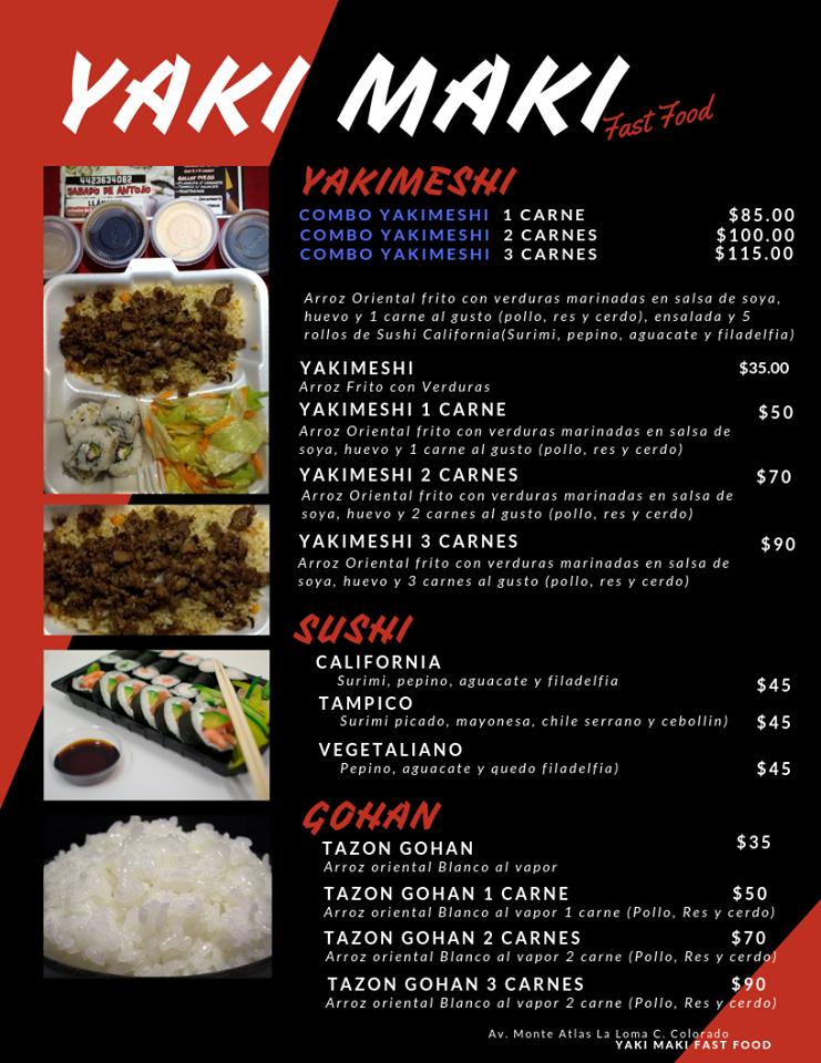 Menu at YAKI MAKI fast food, Santiago de Querétaro