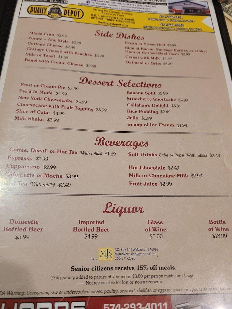 Menu at Callahan's Restaurant, Elkhart
