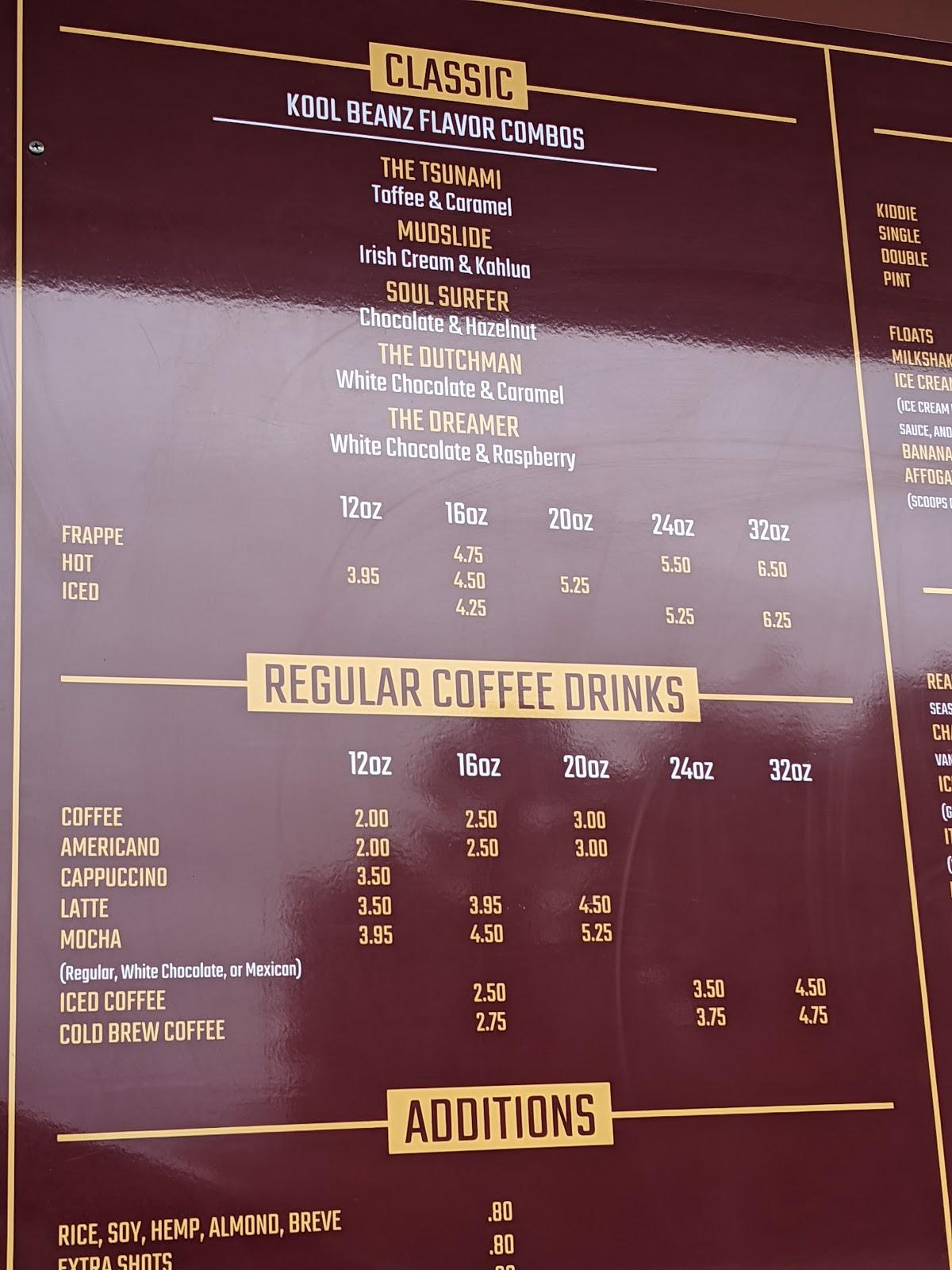 Carta de Kool Beanz Coffee & Ice Cream, Eureka