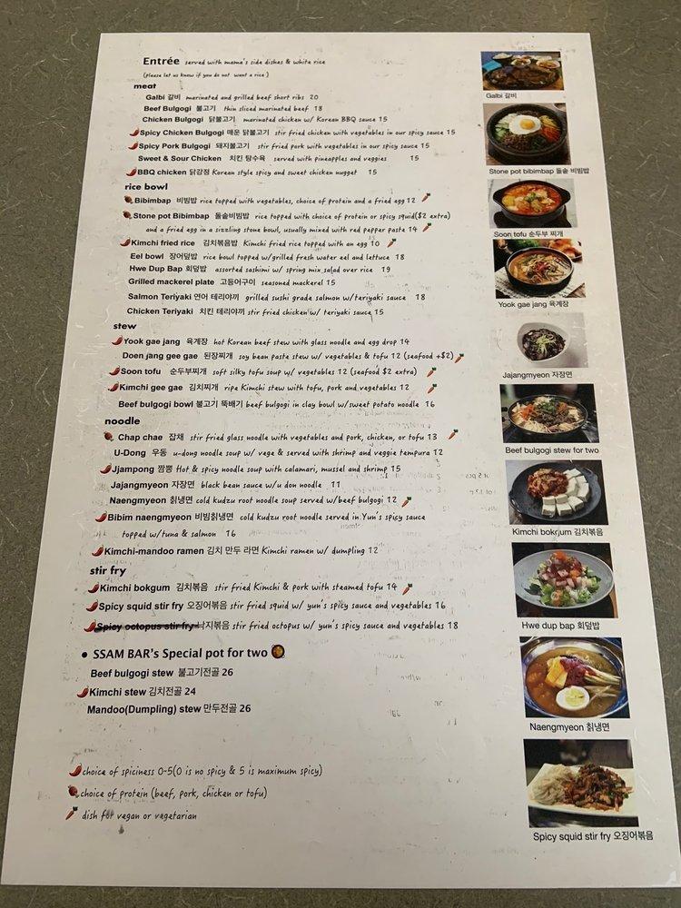 Menu at Korean Ssam Bar, Sarasota