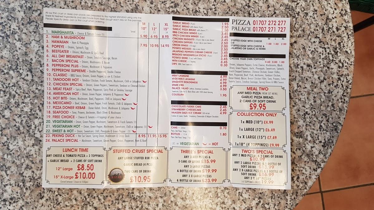 Menu at Pizza Palace fast food, Hatfield