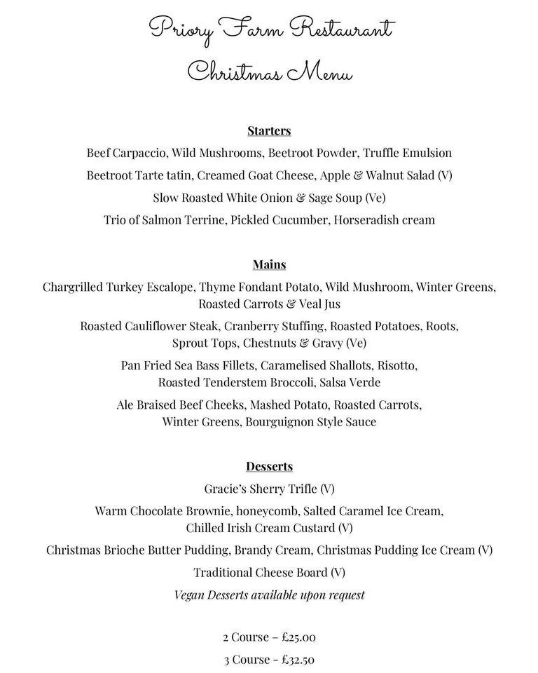 Menu at Priory Farm restaurant, Belton