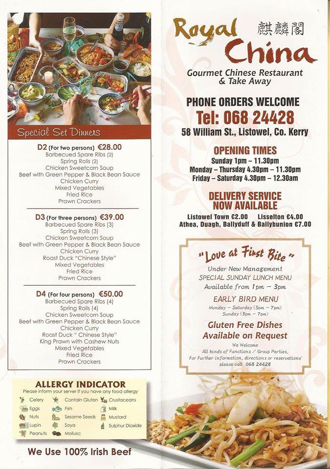Menu at Royal China Restaurant, Listowel, 58 William Street Upper