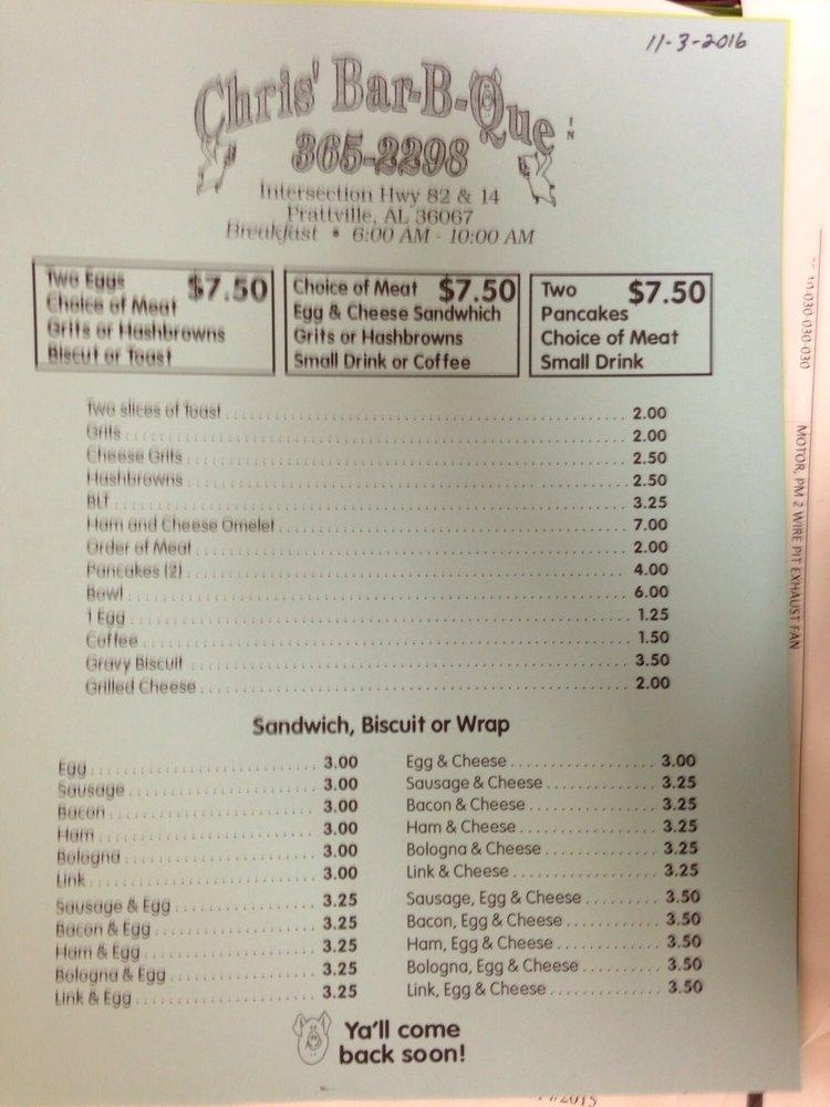 Menu at Chris' Bar-B-Que, Prattville, 105 US-82