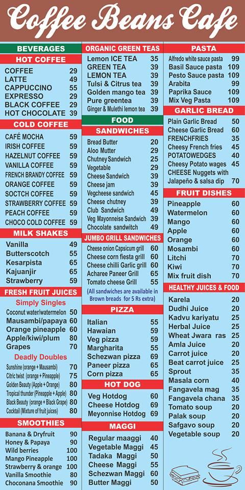 Menu at Coffee beans Cafe, Ahmedabad