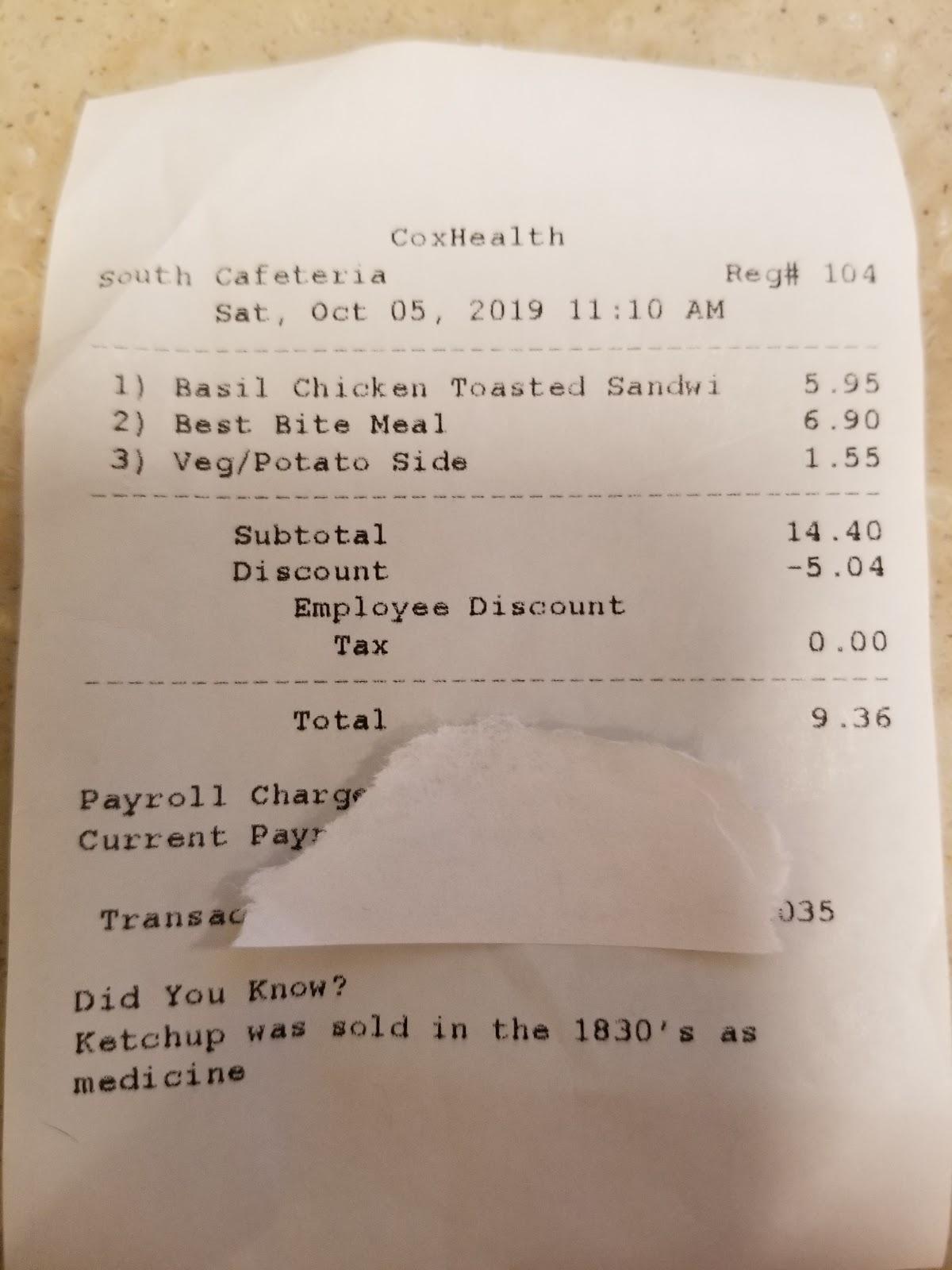Menu at Cox south cafeteria, Springfield