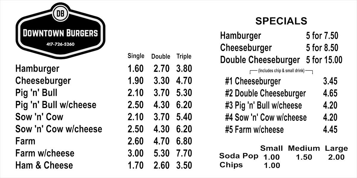 Menu at Downtown Burgers restaurant, Joplin