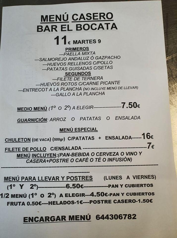 Menu at El Bocata pub & bar, Madrid