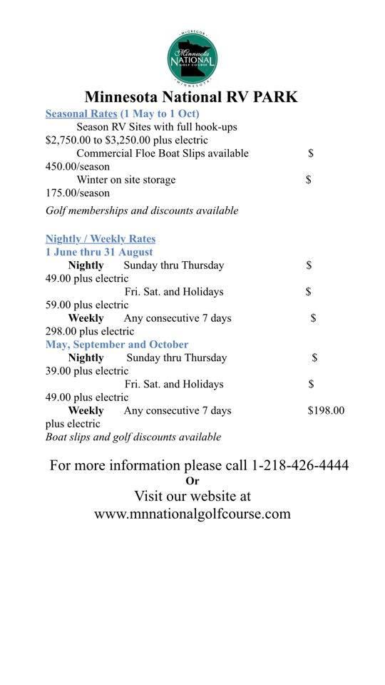 Menu at Minnesota National Golf Club & Resort, USA, 480th St