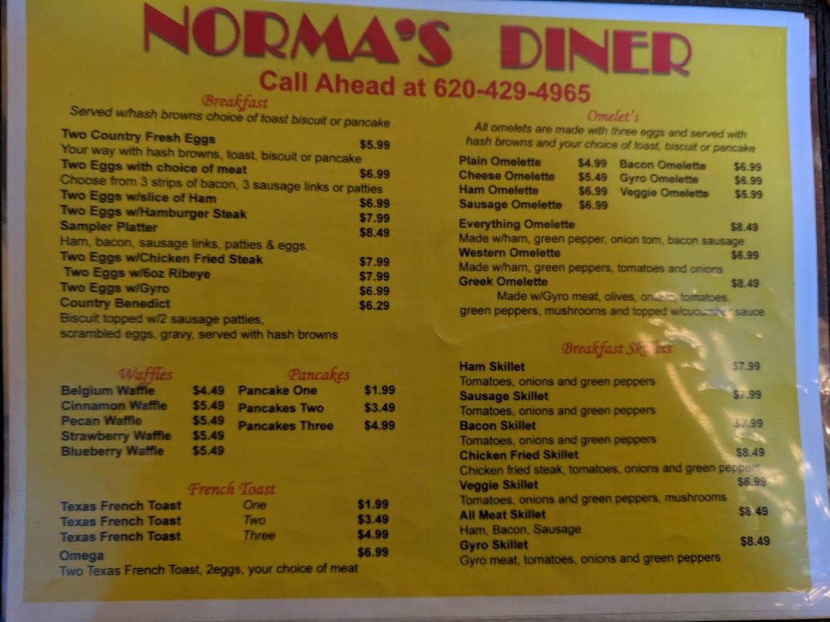 Menu at Norma's Diner restaurant, Columbus, 126 S Kansas Ave