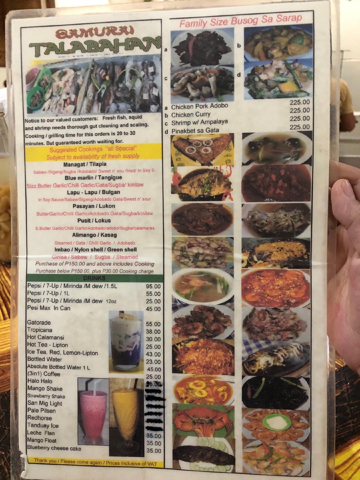 Menu at Samurai Talabahan restaurant, Iloilo City