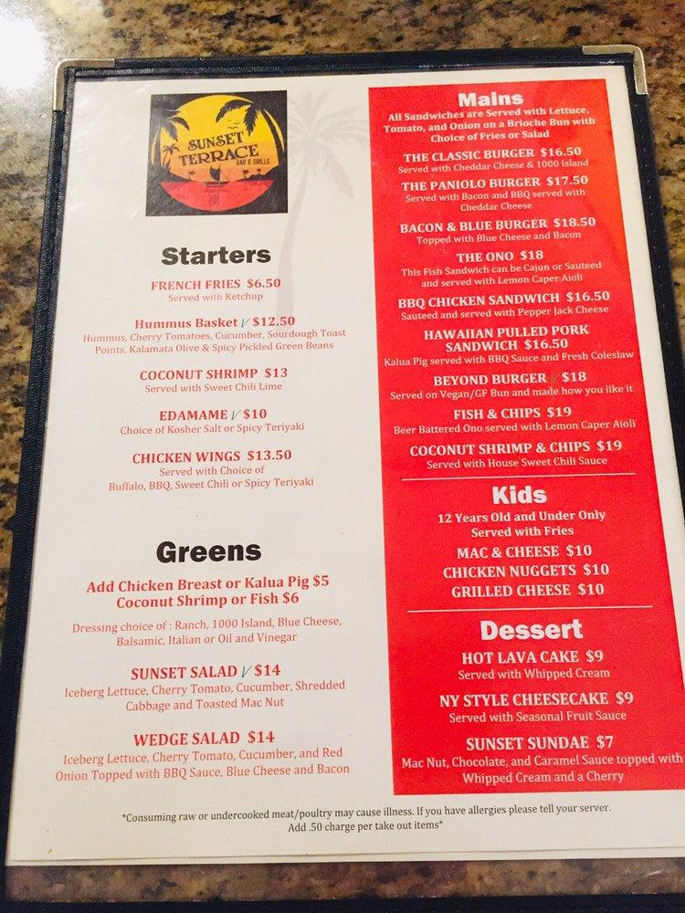 Menu at Sunset Terrace pub & bar, Kahaluu-Keauhou