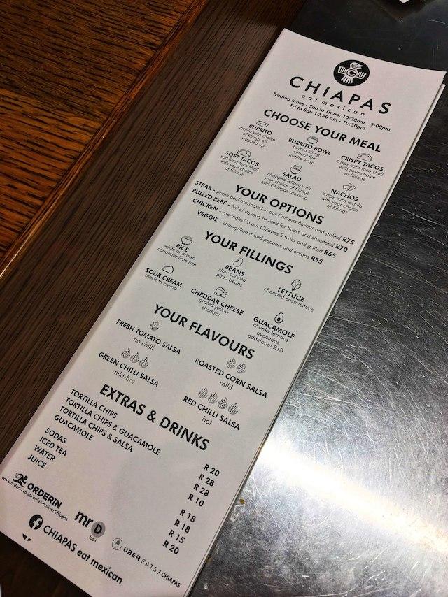 Menu at CHIAPAS eat mexican - Rosebank restaurant, Johannesburg, Shop ...