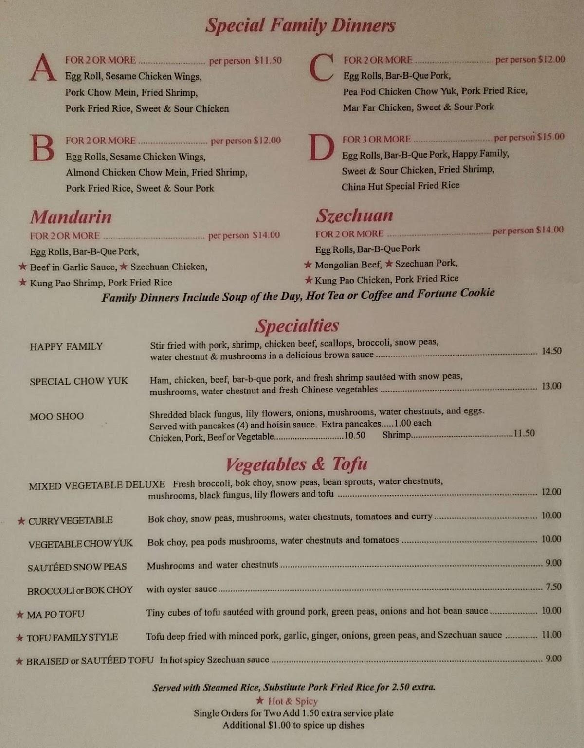Menu at China Hut restaurant, Grants Pass