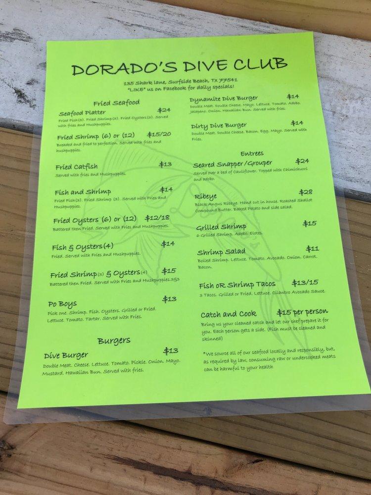 Menu at Dorado's pub & bar, Surfside Beach