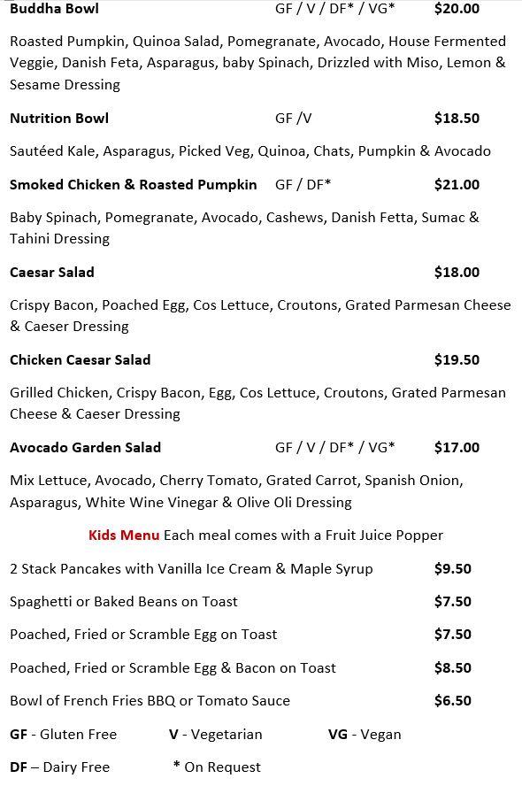 Menu at Elemental Cafe, Braddon