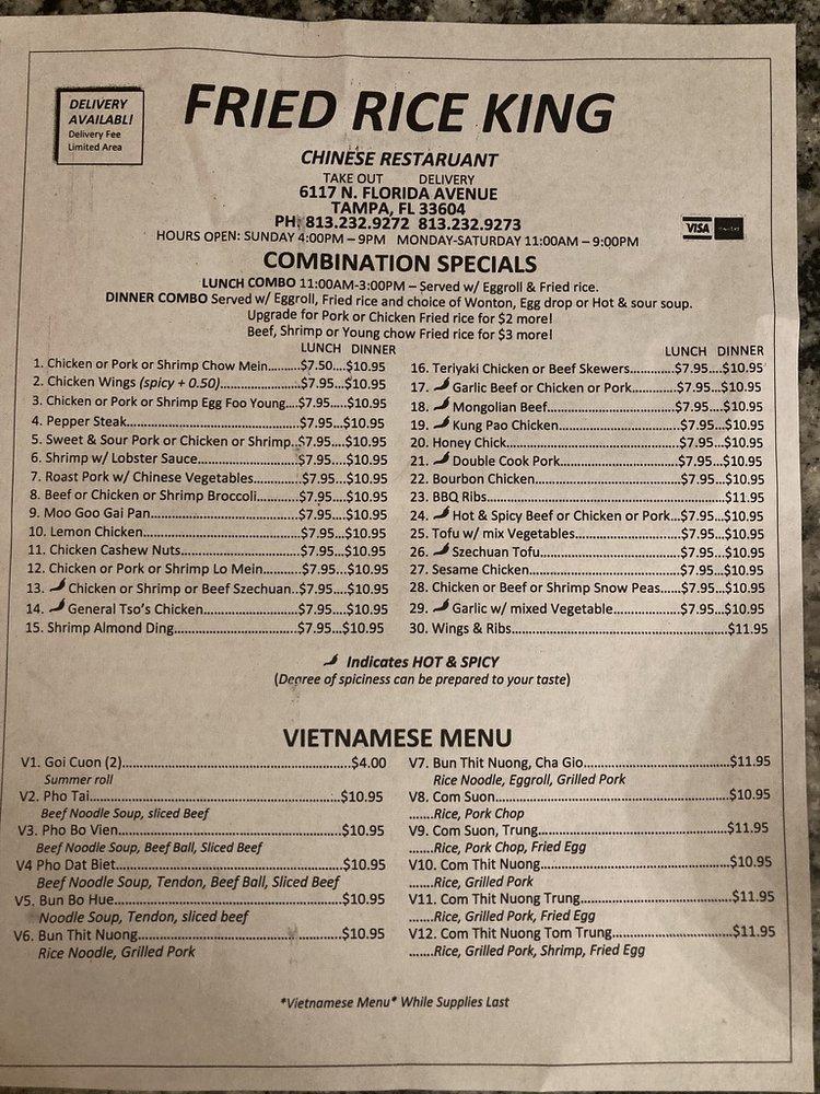 Menu at Fried Rice King restaurant, Tampa