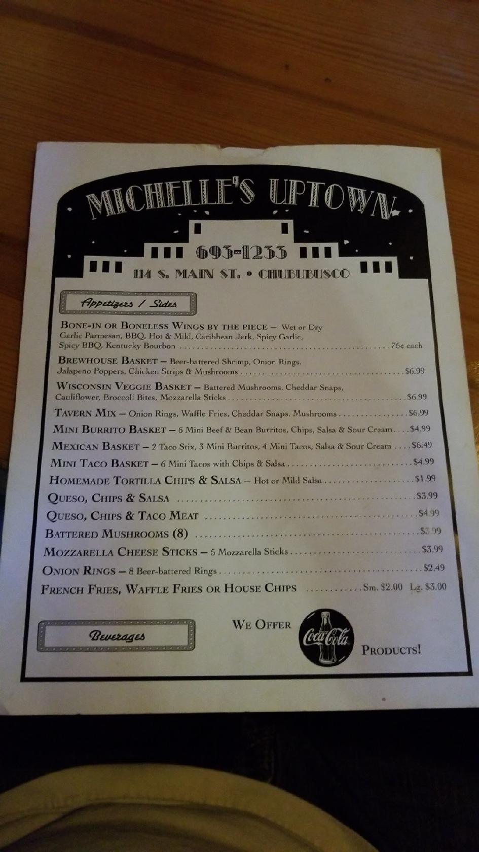 Menu at Michelle's pub & bar, Churubusco